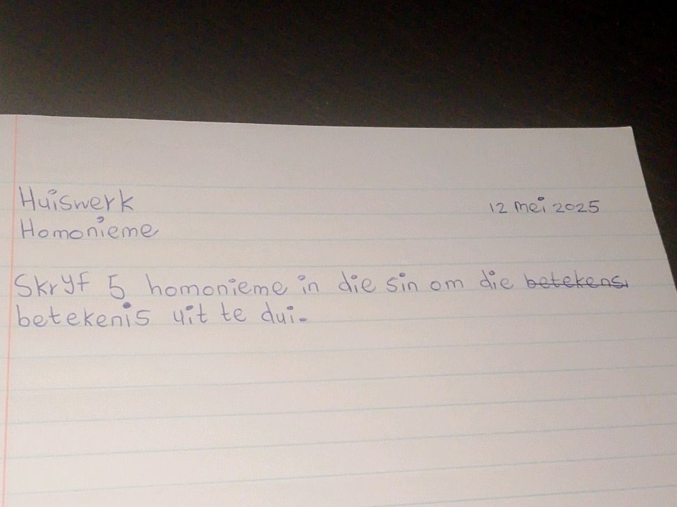 Huiswerk Homonieme Skryf 5 homonieme in die | StudyX