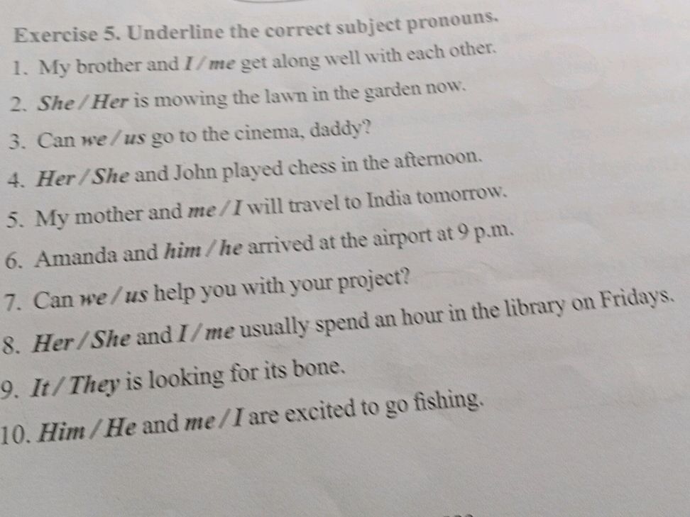 Exercise 5. Underline the correct subject | StudyX