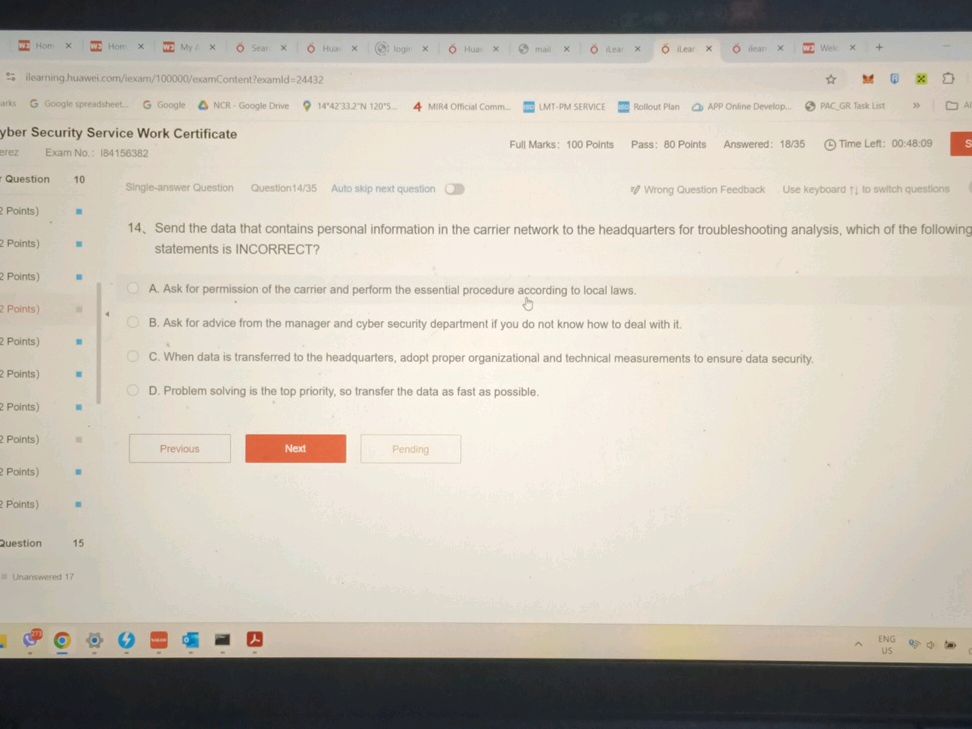 14. Send the data that contains personal | StudyX
