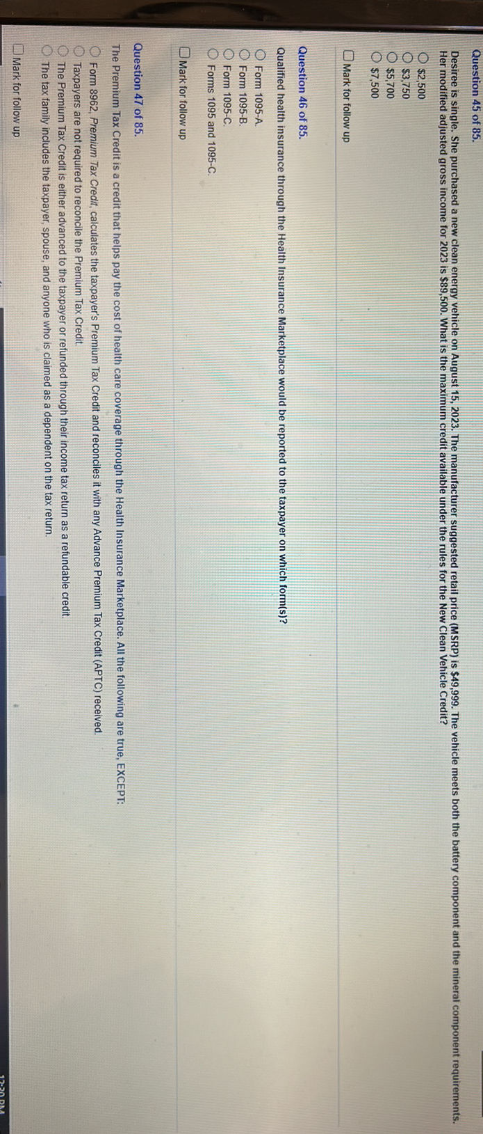 Question 45 of 85. Desiree is single. She