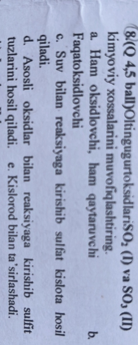8(Q 4,5 ball) OltingugurtoksidlariSO₂ (I) va | StudyX