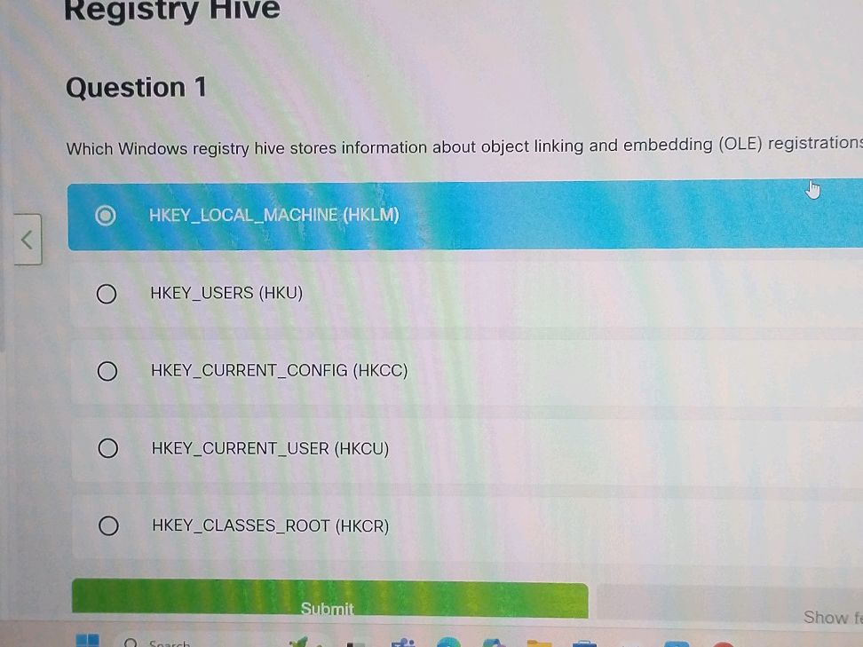 Which Windows registry hive stores | StudyX