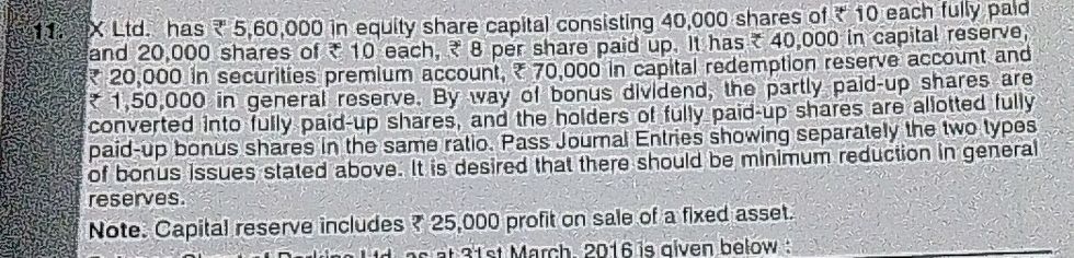 11. X Ltd. has ₹5,60,000 in equity share | StudyX