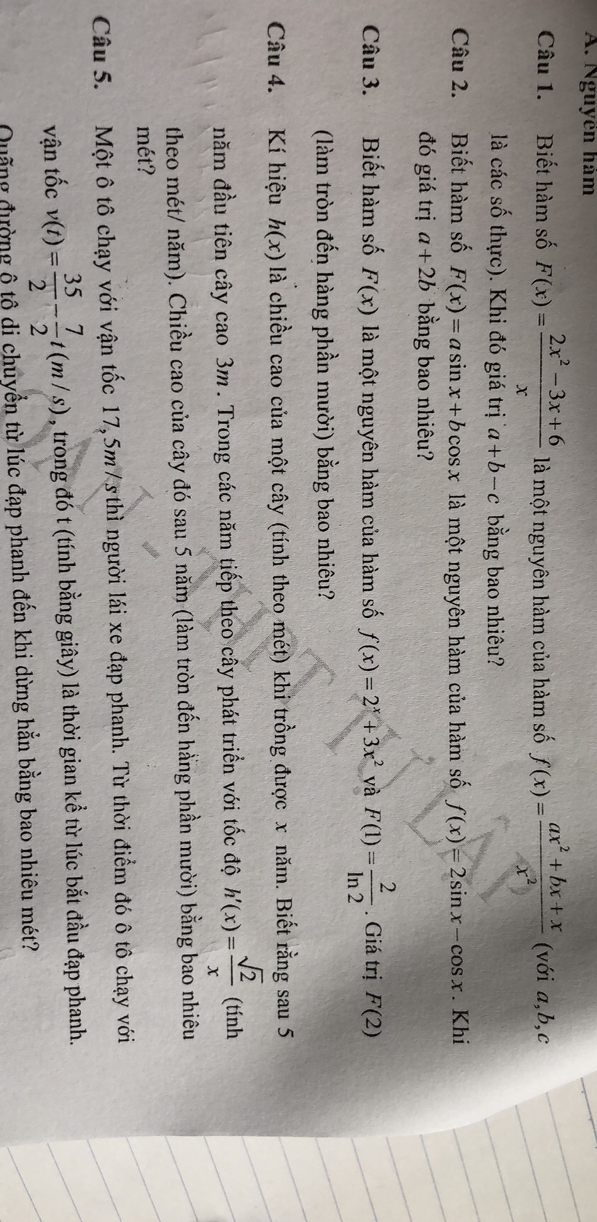 Câu 1. Biết hàm số $F(x) = {2x^2 - 3x + | StudyX
