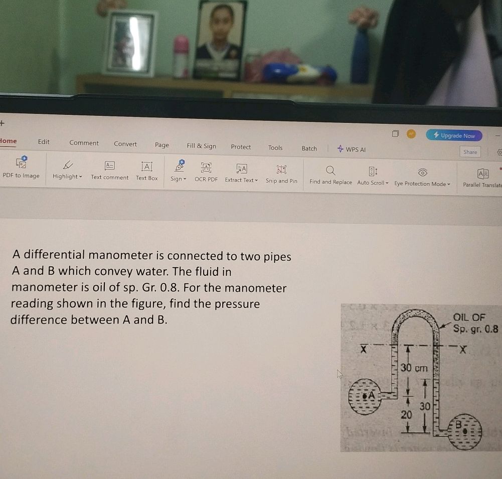 A differential manometer is connected to two | StudyX