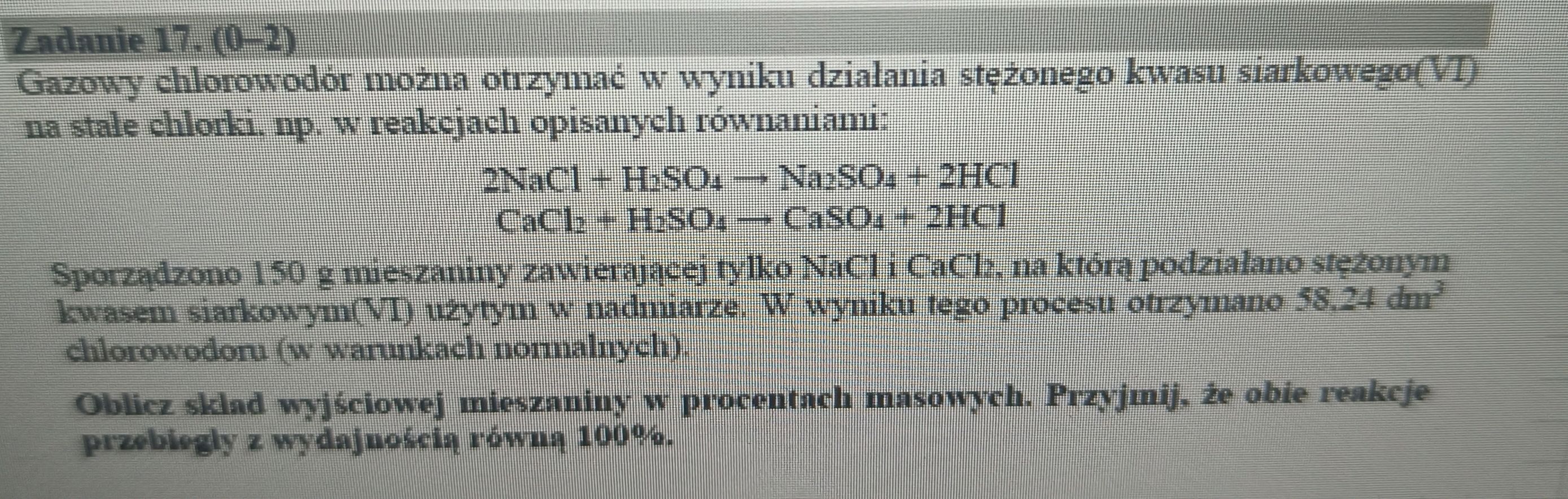 Gazowy chlorowodór można otrzymać w wyniku