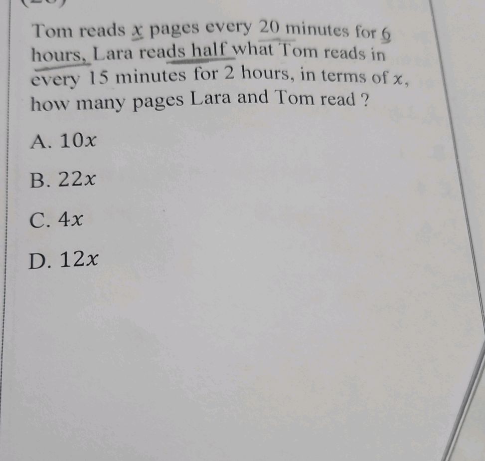 Tom reads $x$ pages every 20 minutes for 6 | StudyX