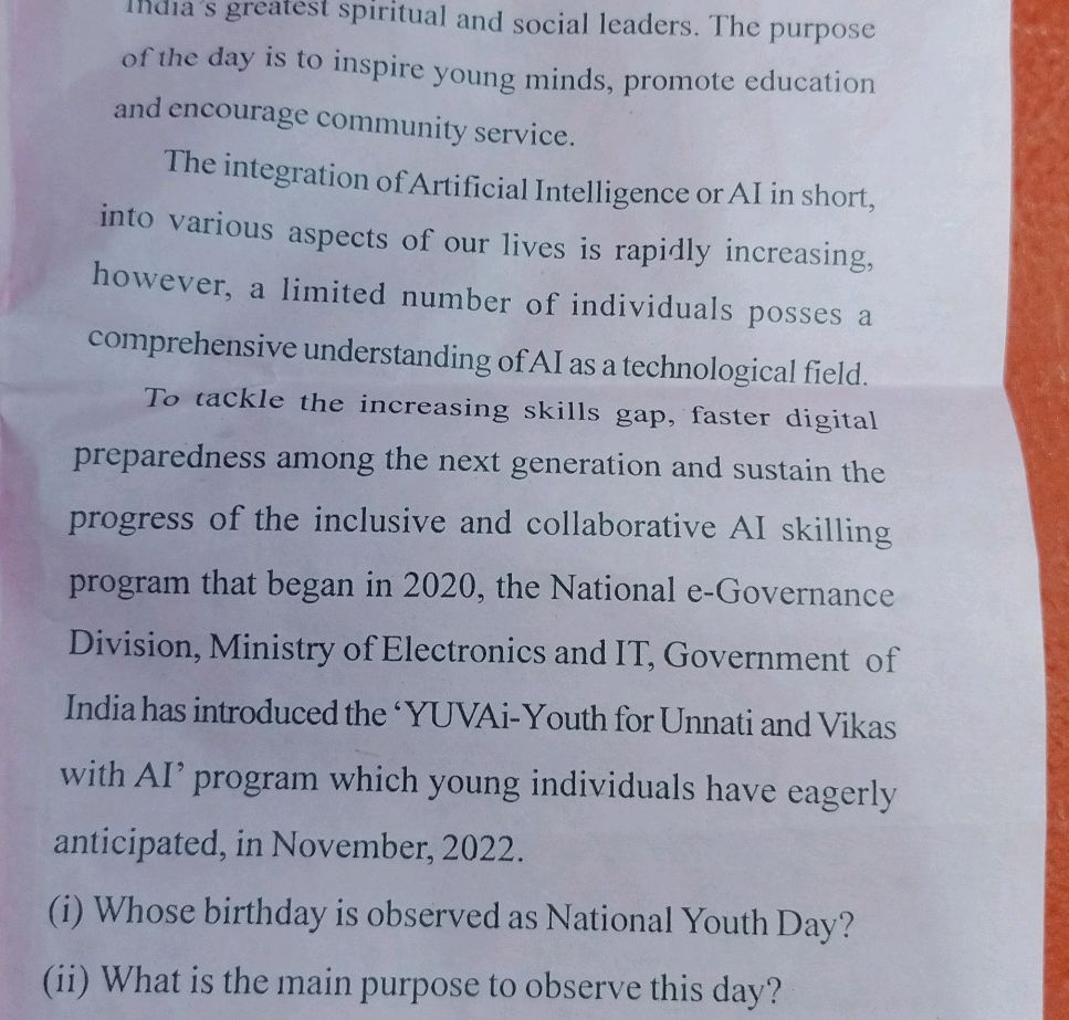 (i) Whose birthday is observed as National | StudyX