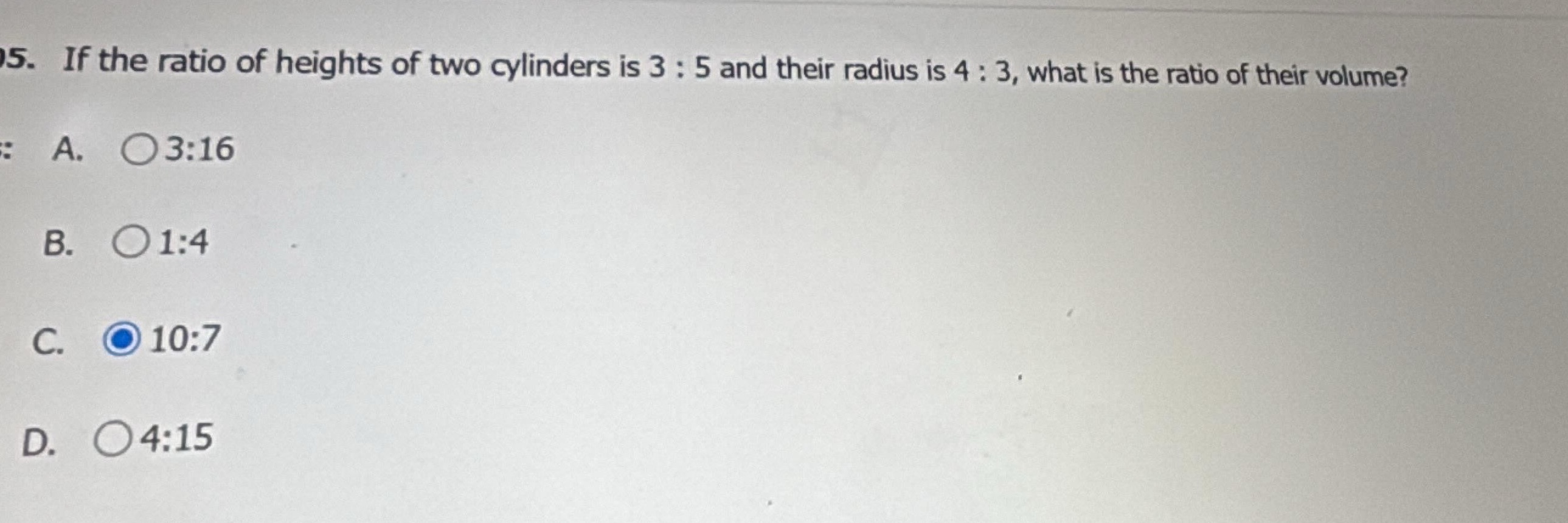05. If the ratio of heights of two cylinders | StudyX