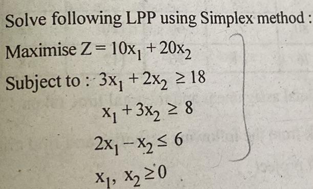 Solve following LPP using Simplex method : | StudyX