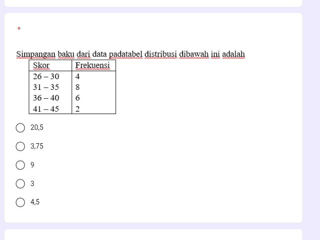 Simpangan baku dari data padatabel | StudyX