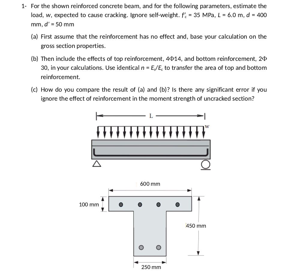 1- For the shown reinforced concrete beam, | StudyX