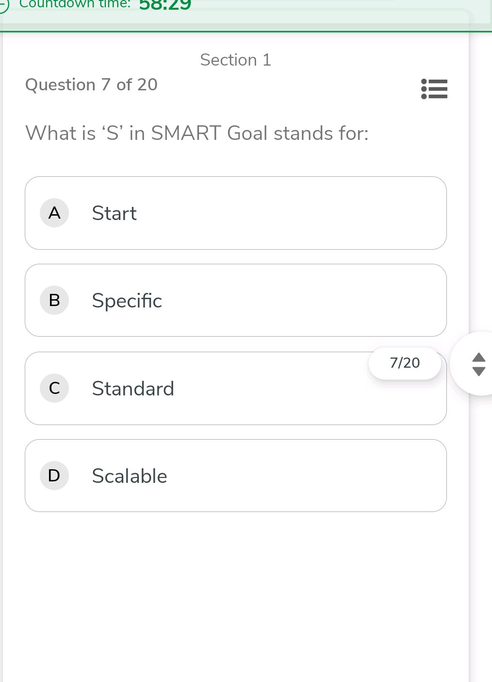 What is 'S' in SMART Goal stands for: A | StudyX