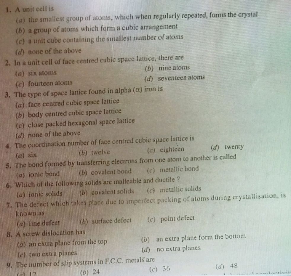 1. A unit cell is (a) the smallest group of | StudyX