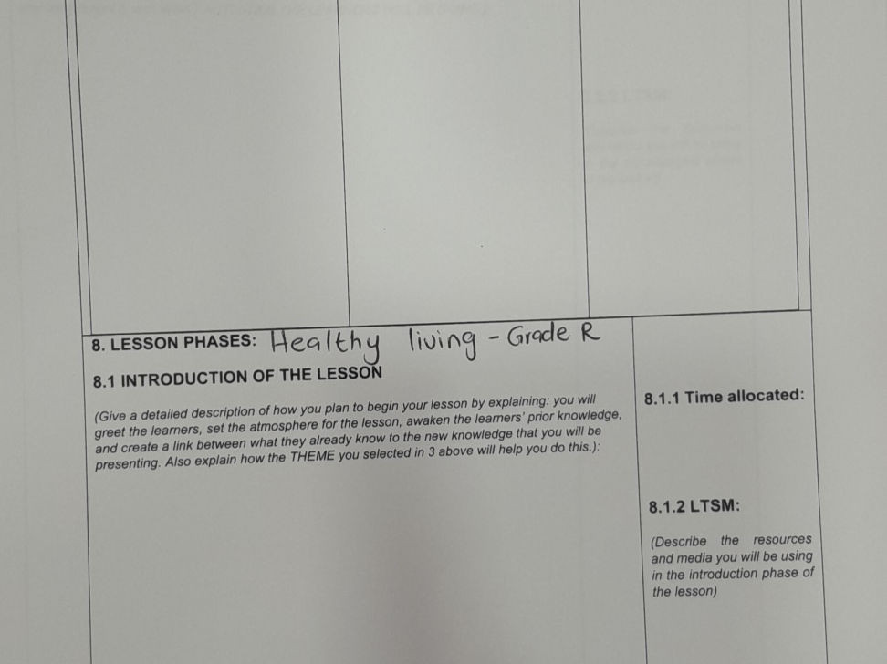 LESSON PHASES: Healthy living - Grade R 8.1