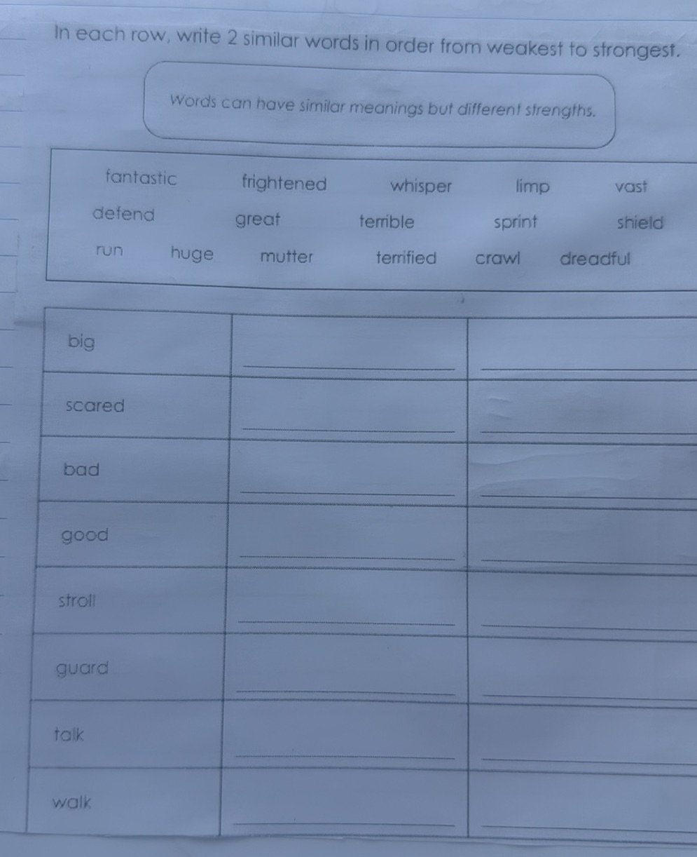 In each row, write 2 similar words in order | StudyX