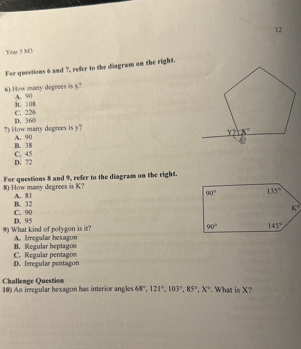 6) How many degrees is x? A. 90 B. 108 C. | StudyX
