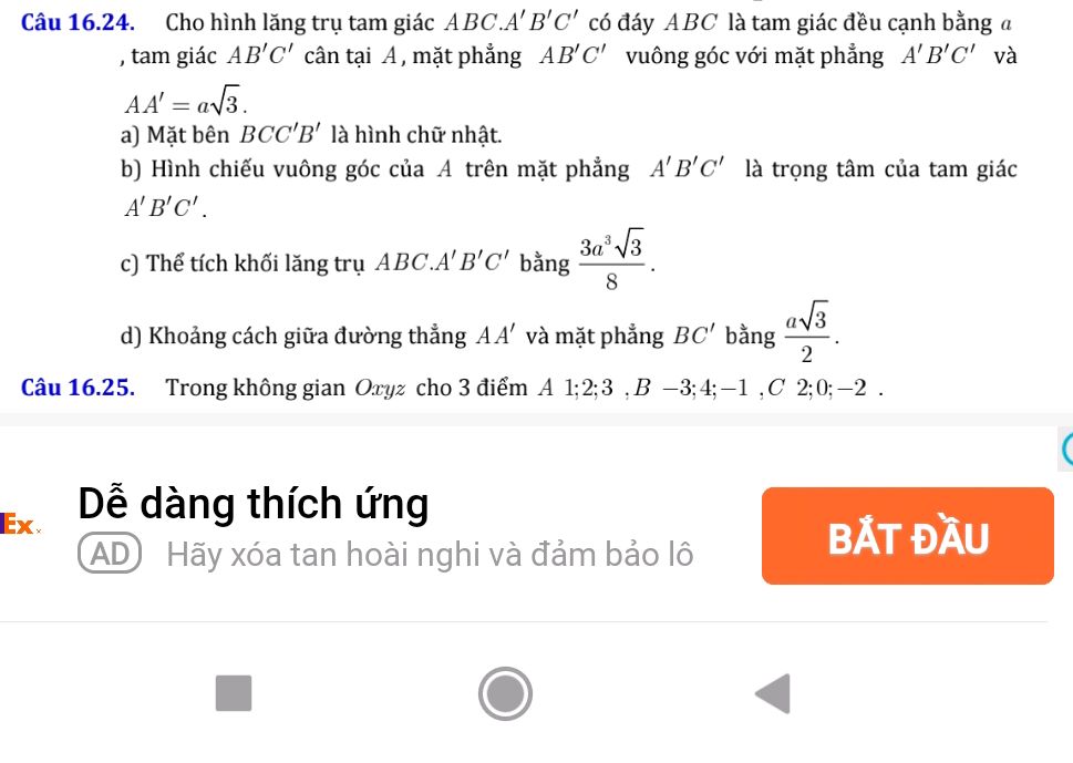Câu 16.24. Cho hình lăng trụ tam giác | StudyX