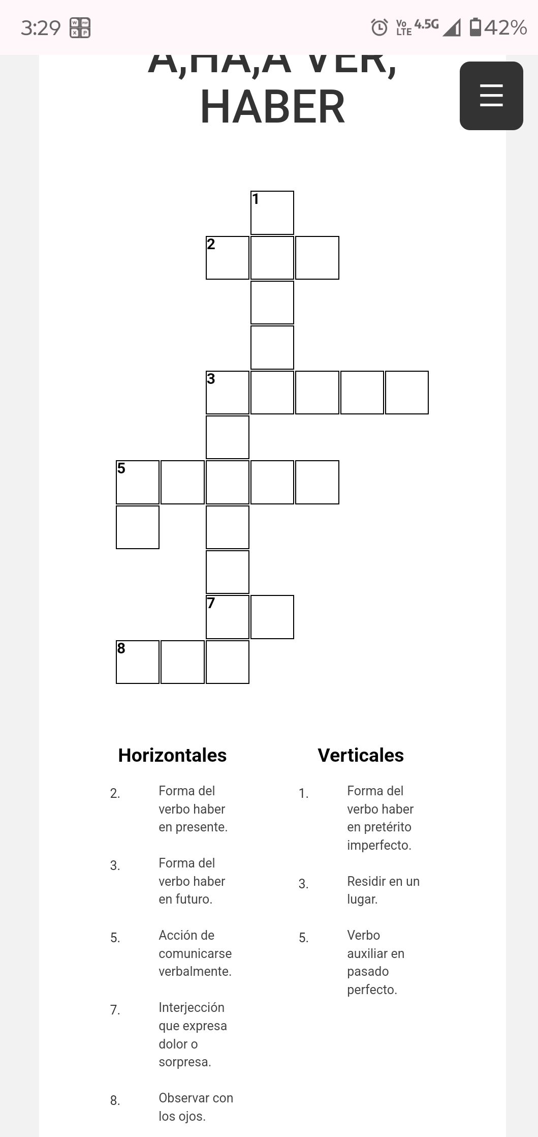 ## Horizontales 2. Forma del verbo haber en | StudyX