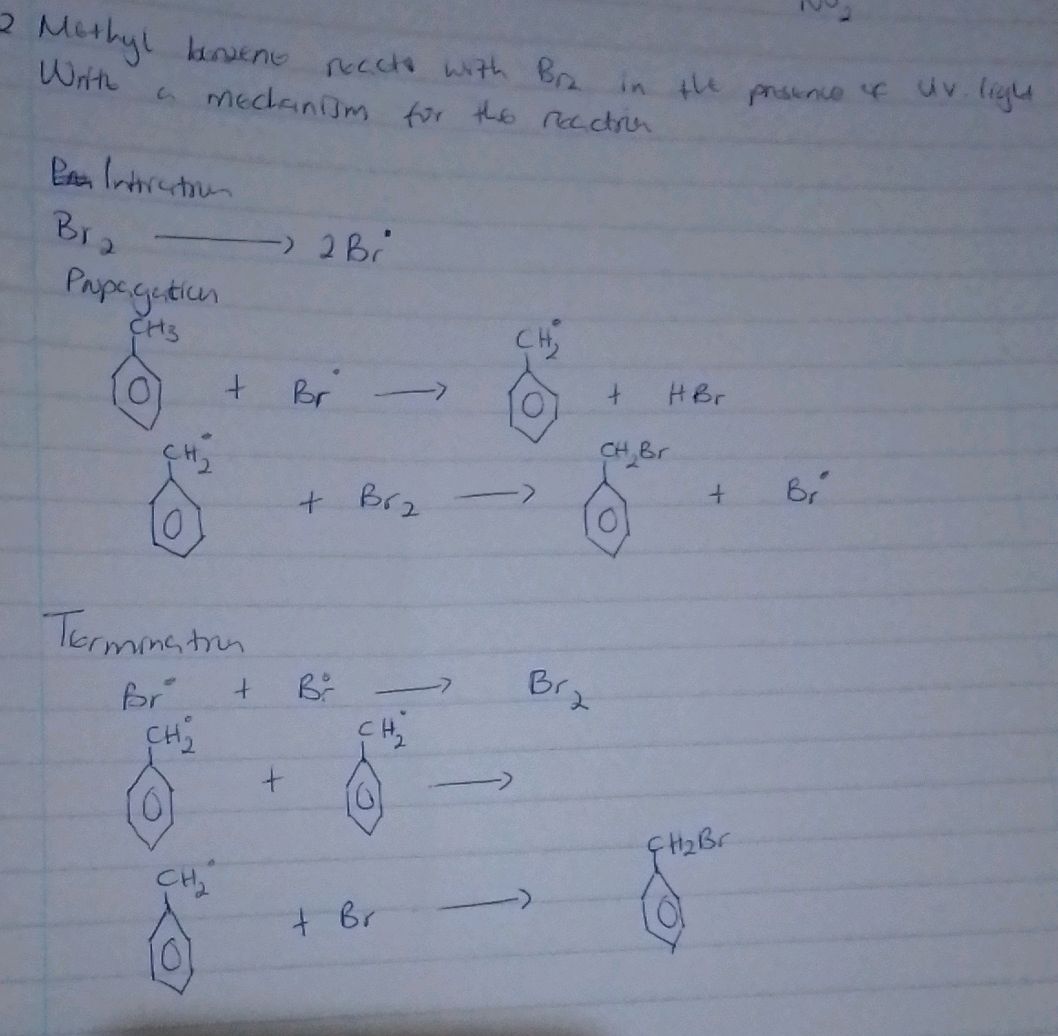 2 Methyl benzene reacts with $Br_2$ in the | StudyX