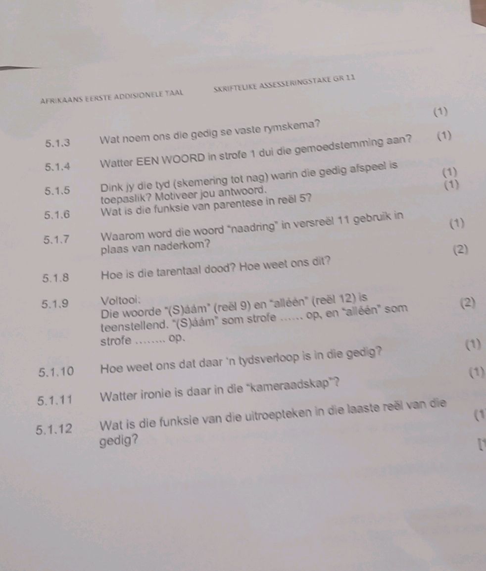 5.1.3 Wat noem ons die gedig se vaste | StudyX