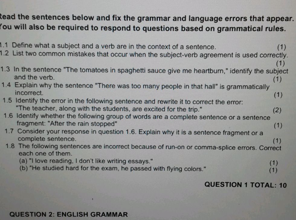 1.1 Define what a subject and a verb are in | StudyX