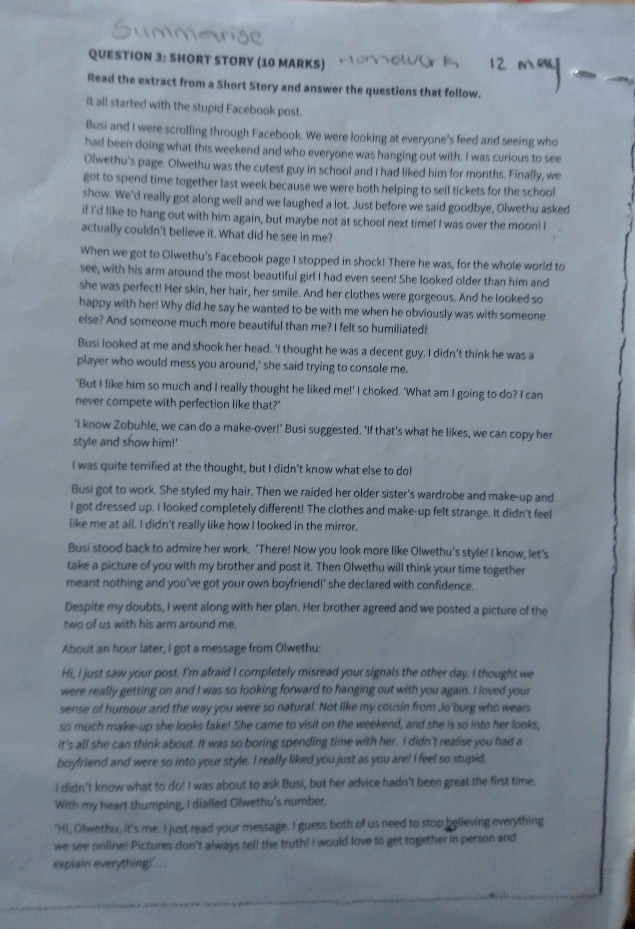 Read the extract from a Short Story and | StudyX