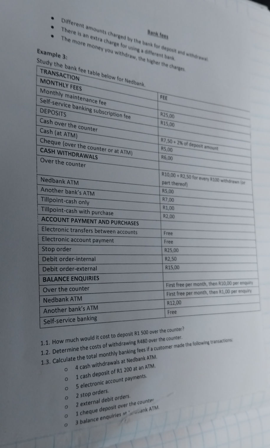 Study the bank fee table below for Nedbank. | StudyX