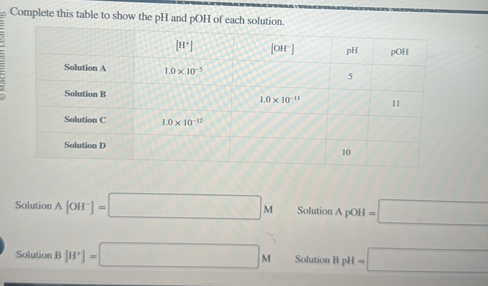 Complete this table to show the pH and pOH | StudyX