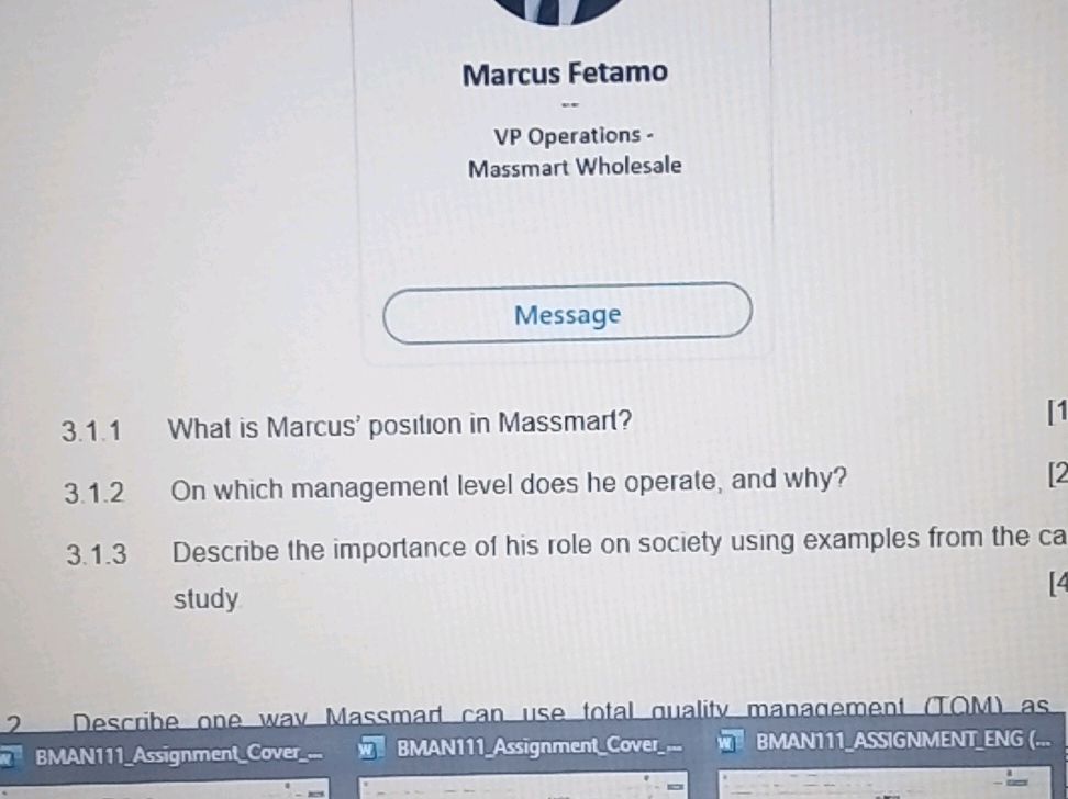 3.1.1 What is Marcus' position in Massmart? | StudyX
