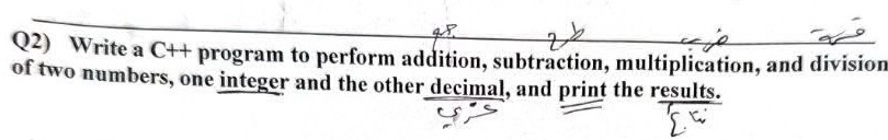 Q2) Write a C++ program to perform addition, | StudyX