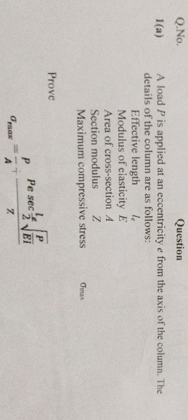 A load P is applied at an eccentricity e | StudyX