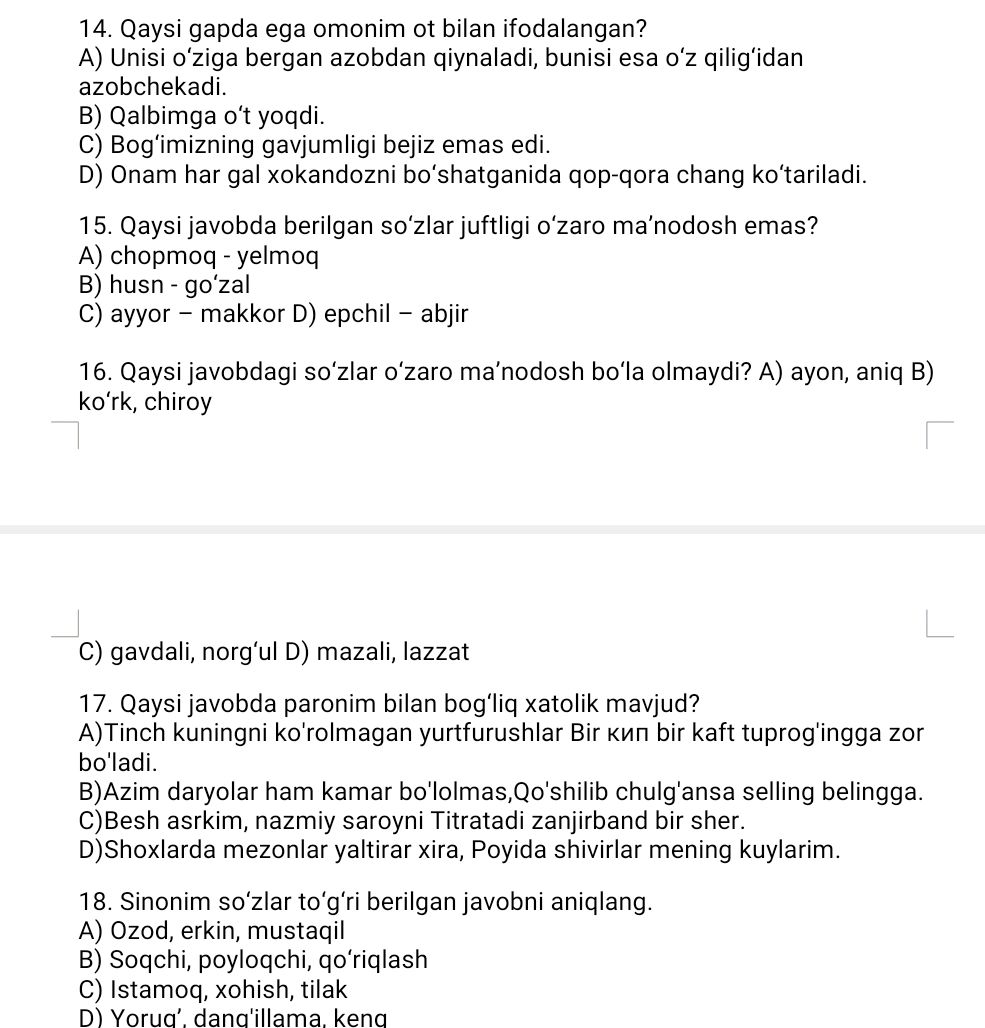 14. Qaysi gapda ega omonim ot bilan | StudyX