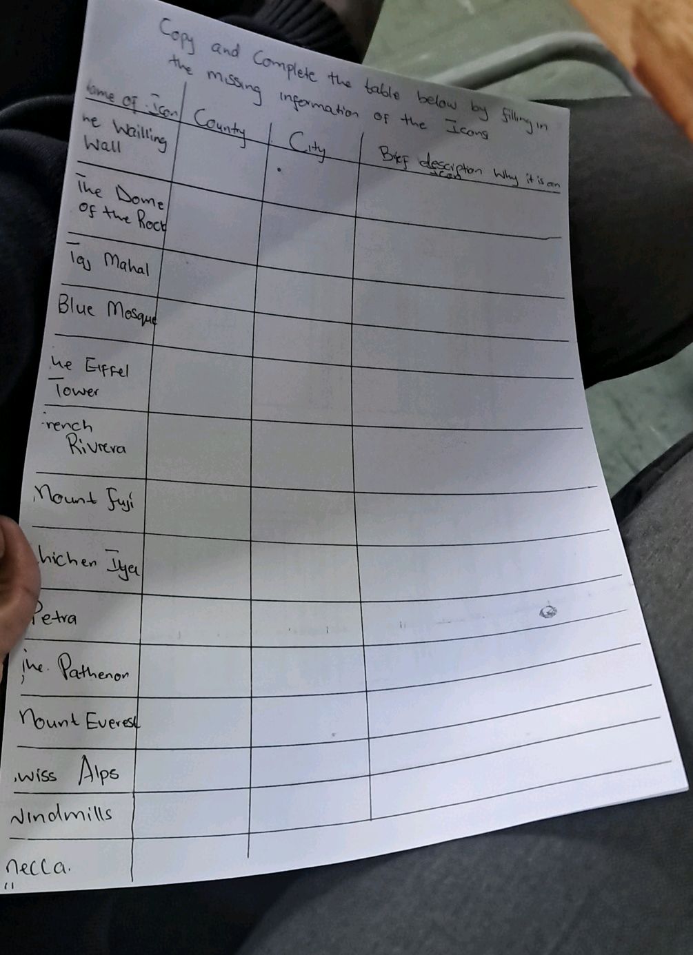 Copy and Complete the table below by filling | StudyX