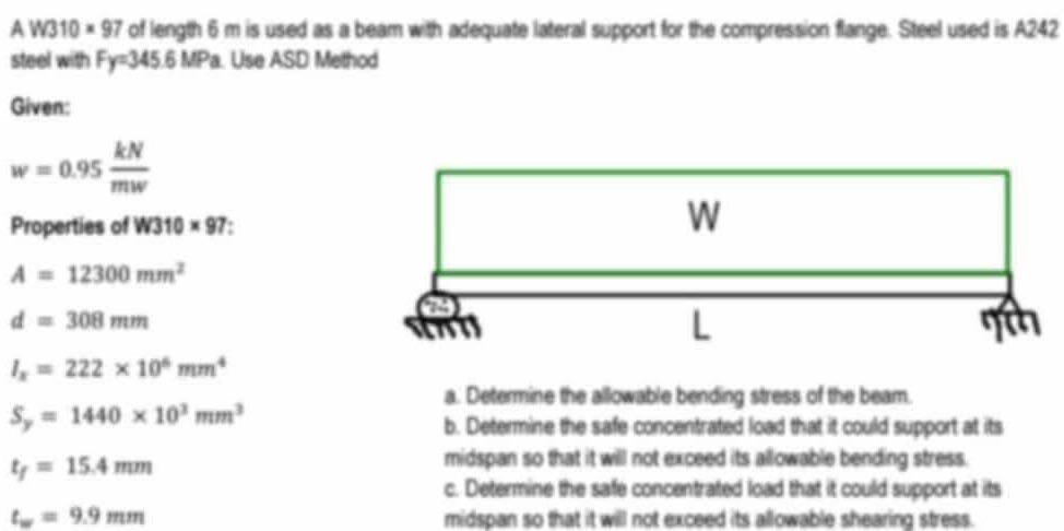 A W310 × 97 of length 6 m is used as a beam | StudyX