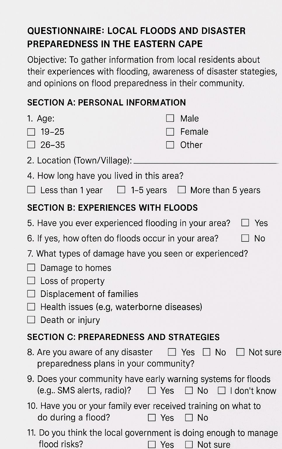QUESTIONNAIRE: LOCAL FLOODS AND DISASTER | StudyX
