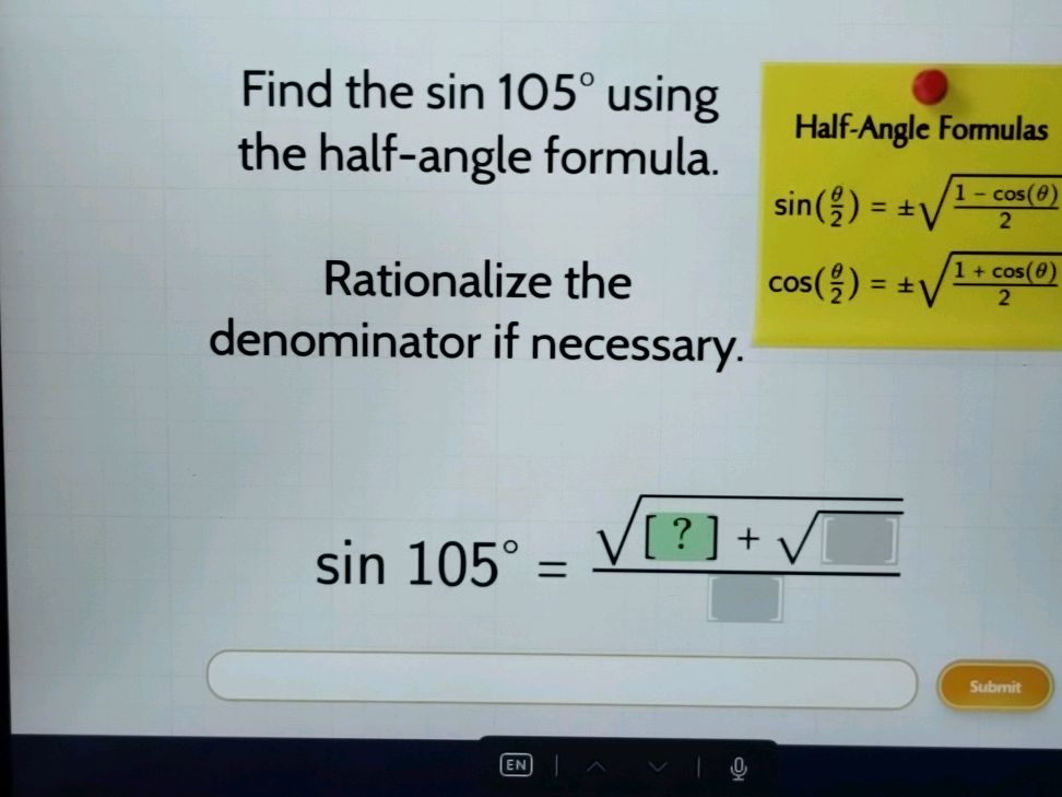 Find the sin 105° using the half-angle | StudyX