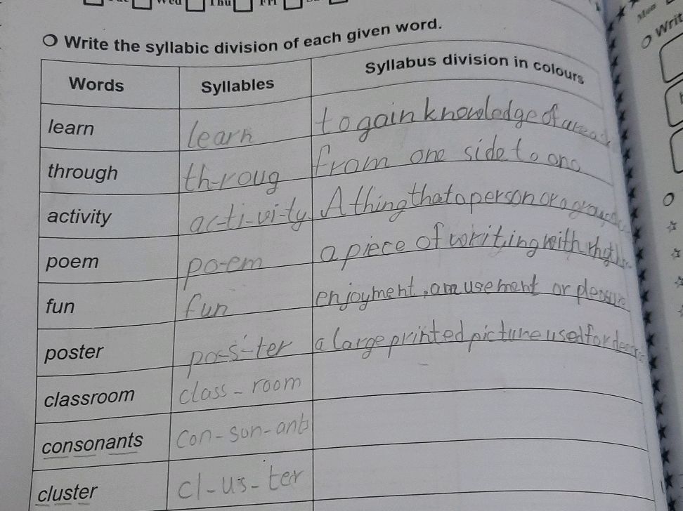 Write the syllabic division of each given | StudyX