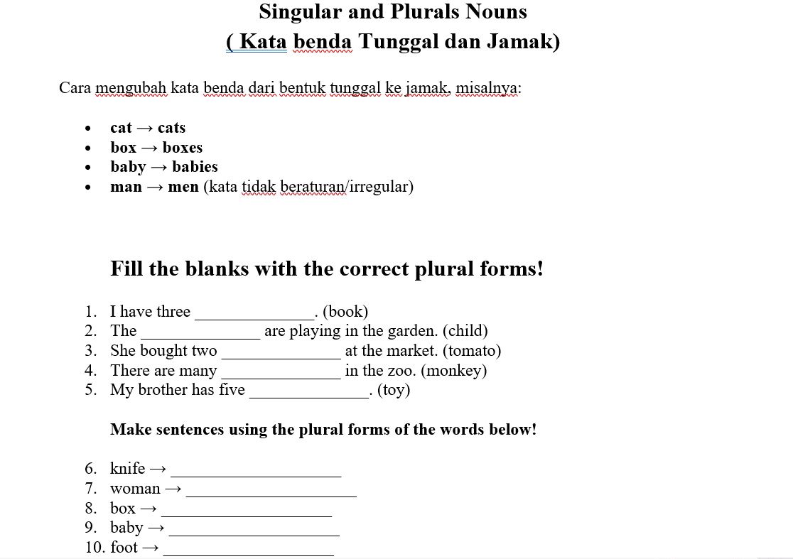 Singular and Plurals Nouns (Kata benda | StudyX