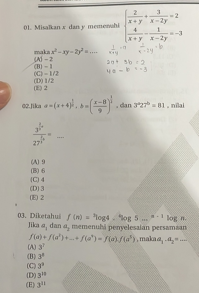01. Misalkan x dan y memenuhi $ {2}{x+y} + | StudyX
