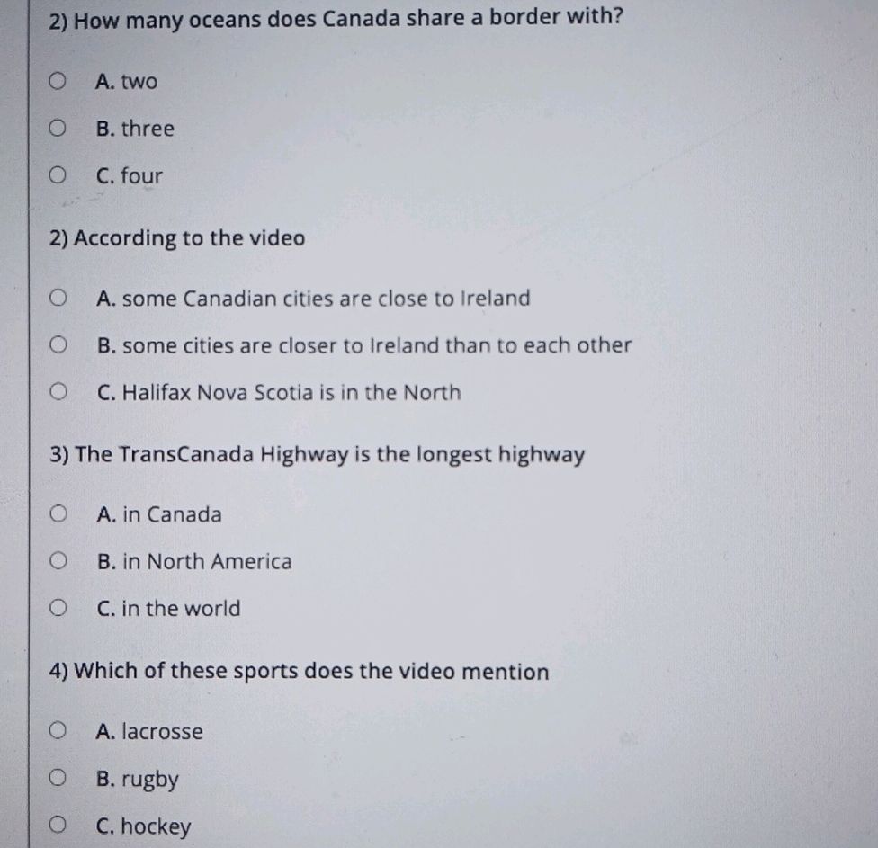 2) How many oceans does Canada share a | StudyX