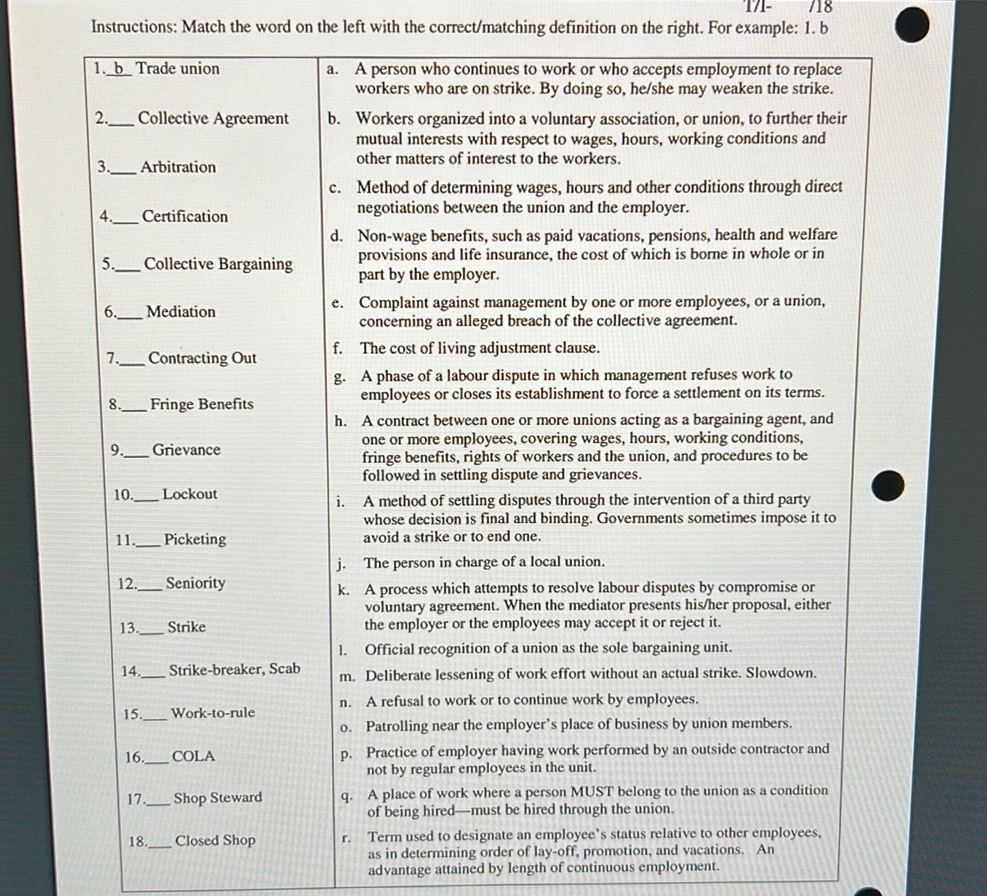 Instructions: Match the word on the left | StudyX