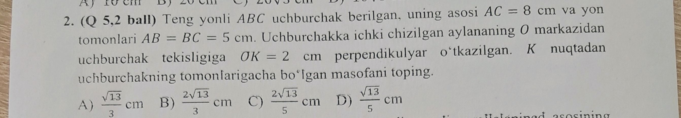 2. (Q 5,2 ball) Teng yonli ABC uchburchak | StudyX