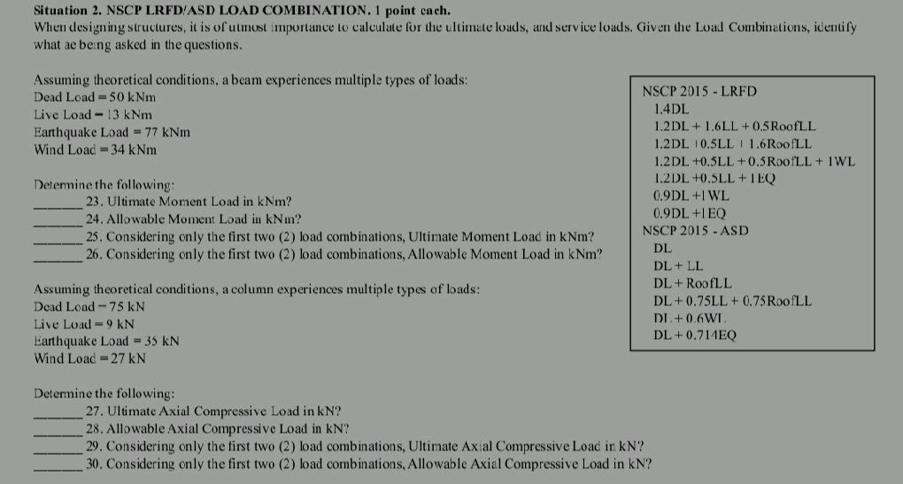 Situation 2. NSCP LRFD/ASD LOAD COMBINATION. | StudyX