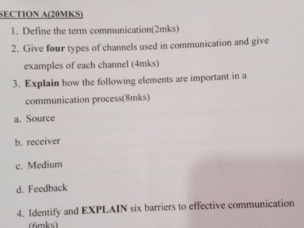 1. Define the term communication (2mks) 2. | StudyX