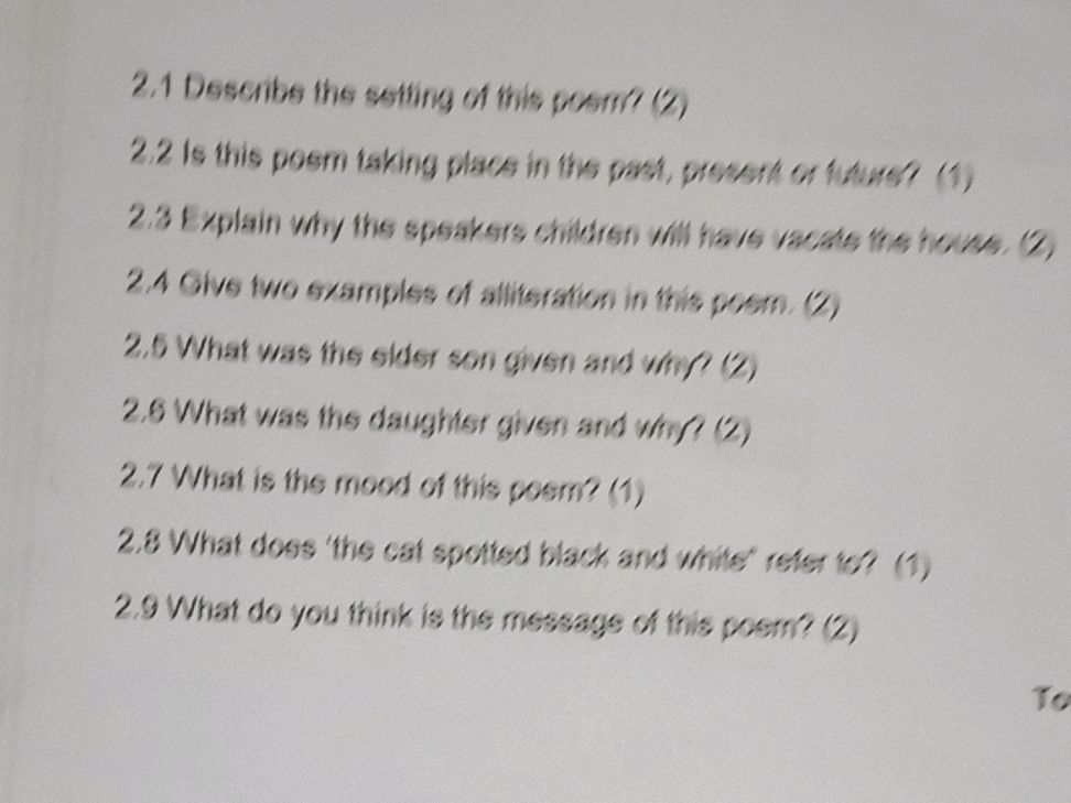2.1 Describe the setting of this poem? (2) | StudyX