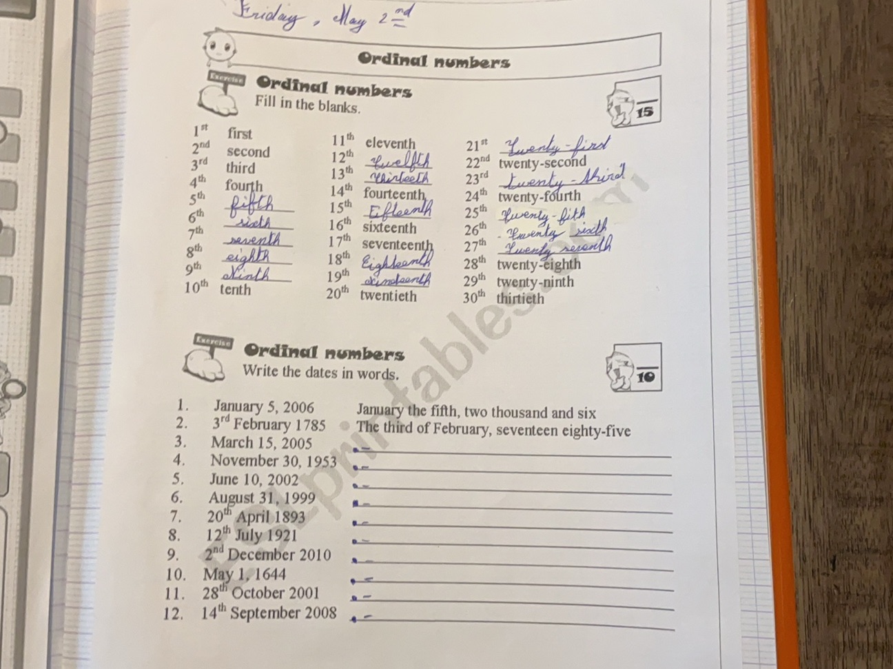 Exercise: Ordinal numbers Fill in the | StudyX