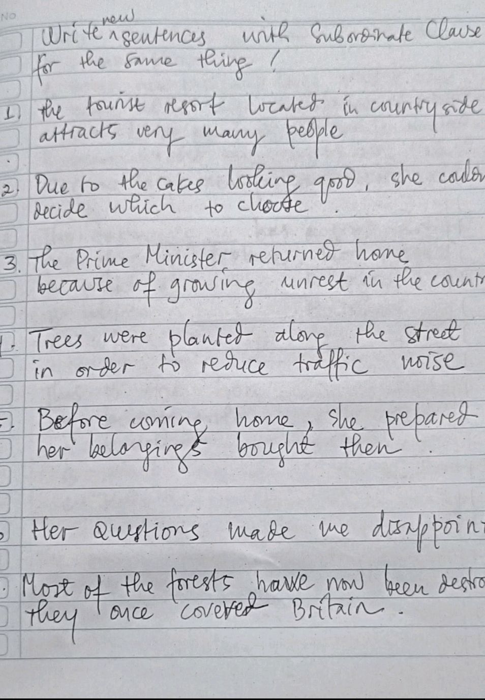 Write sentences with Subordinate Clause for | StudyX