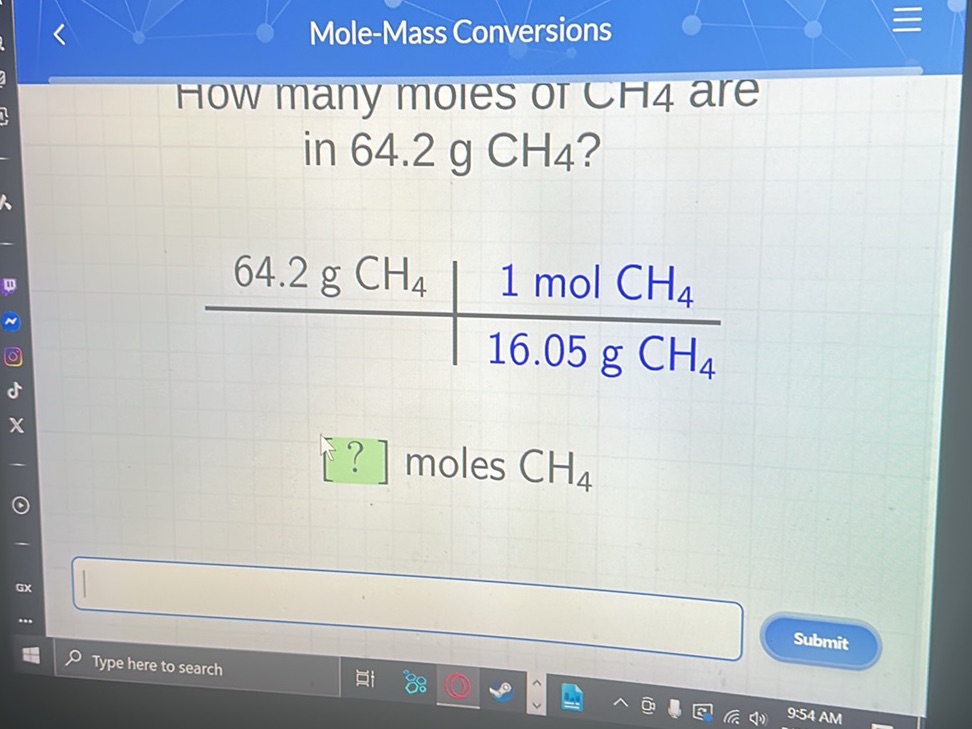 How many moles of CH4 are in 64.2 g CH4? | StudyX