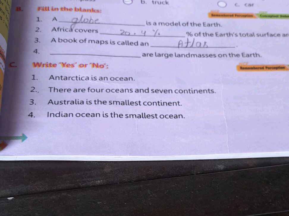 B. Fill in the blanks: 1. A globe is a model | StudyX